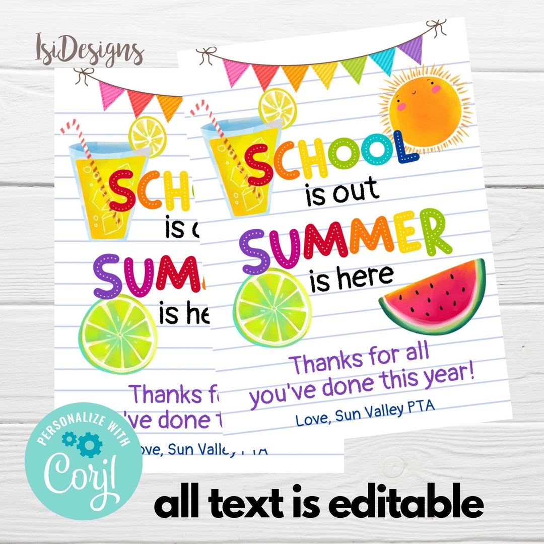 School is Out Summer is Here, Teacher Editable Thank You Tag, Beach ...