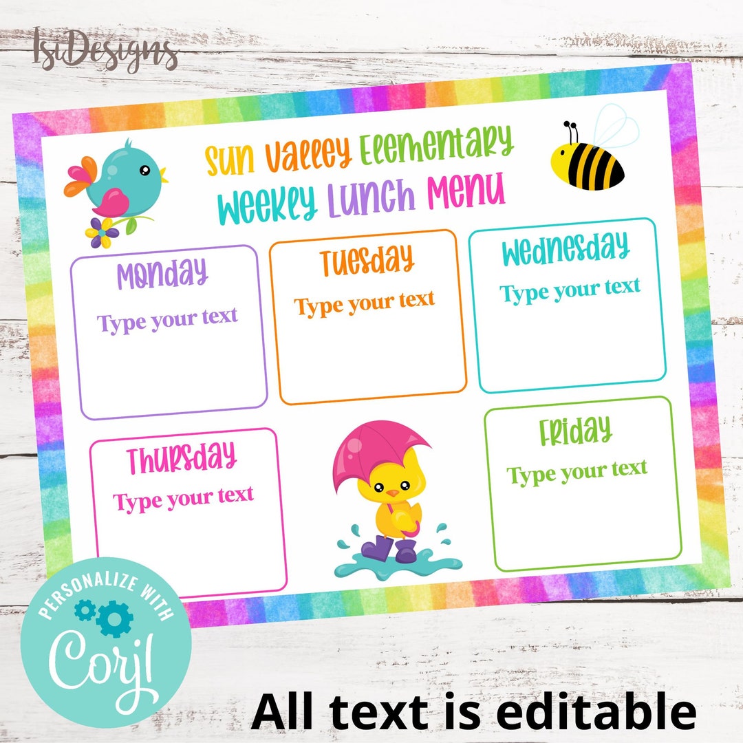 School Lunch Planner, Printable Weekly Menu, Lunch Menu for Children ...