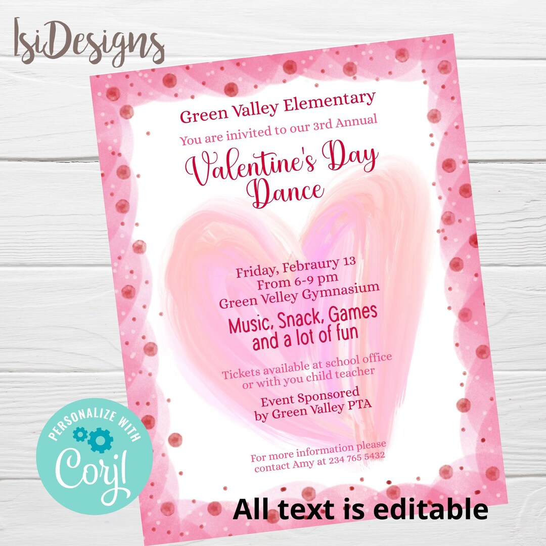 Valentines Day Flyer, Editable School Dance Invitation, School PTO PTA ...