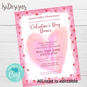 Valentines Day Flyer, Editable School Dance Invitation, School PTO PTA ...