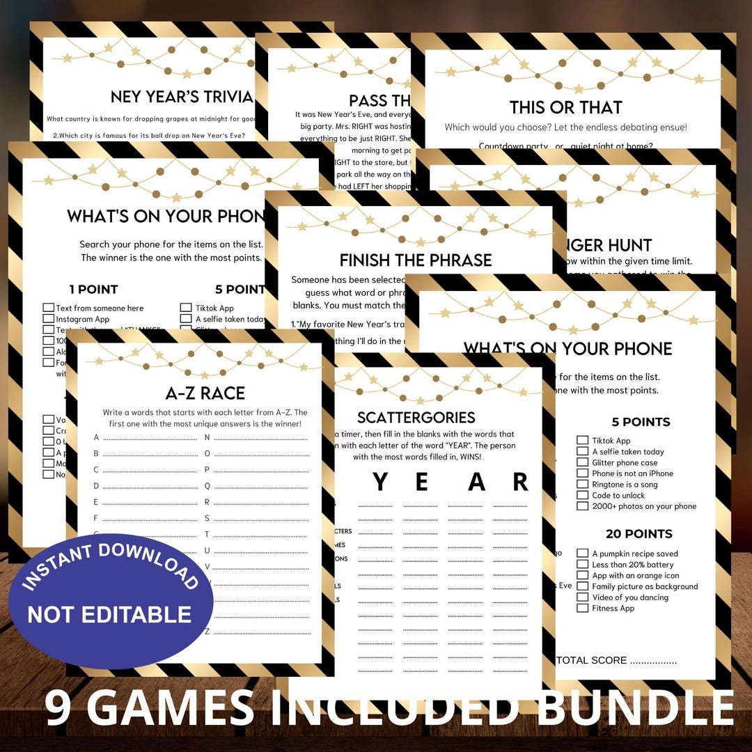 Printable New Year Party Games Bundle 9 Pack, Kids Adults Family ...
