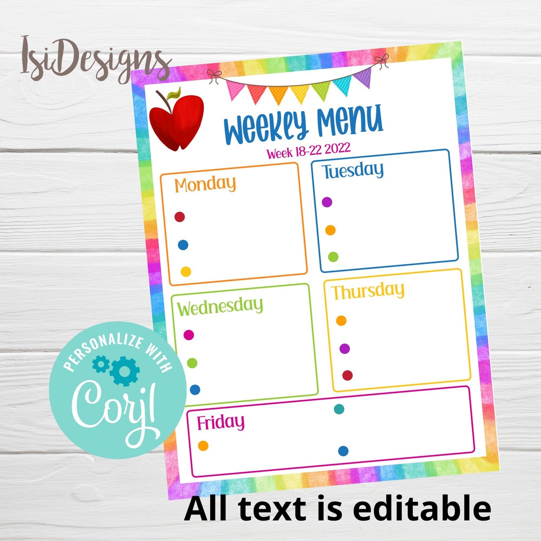 Weekly School Lunch Meal Planner, Editable Lunch Menu for Kids, School ...