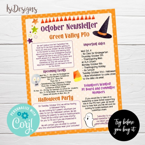 October PTO PTA Editable Newsletter October Flyer Template - Etsy