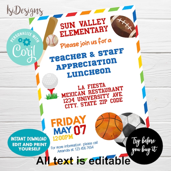 Teacher and Staff Appreciation Luncheon Editable Invitation, Instant ...