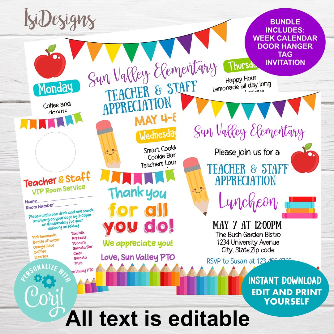 Teacher & Staff Appreciation Week Bundle | Editable Templates for PTO ...