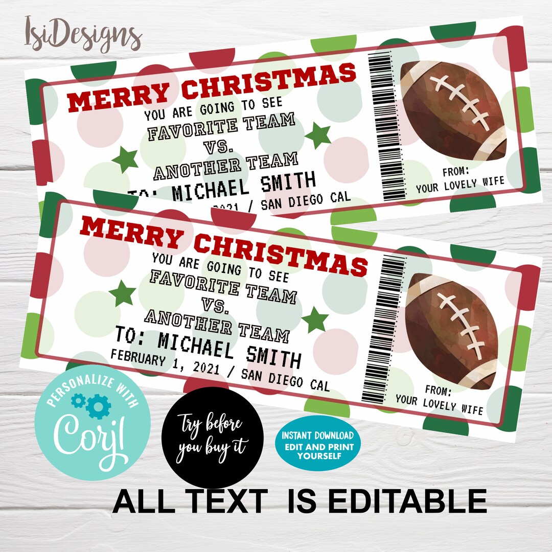 Editable Football Game Tickets, Instant Download, Christmas Surprise ...