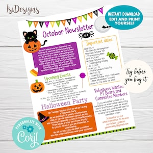 October PTO PTA Editable Newsletter, October Flyer Template, School ...