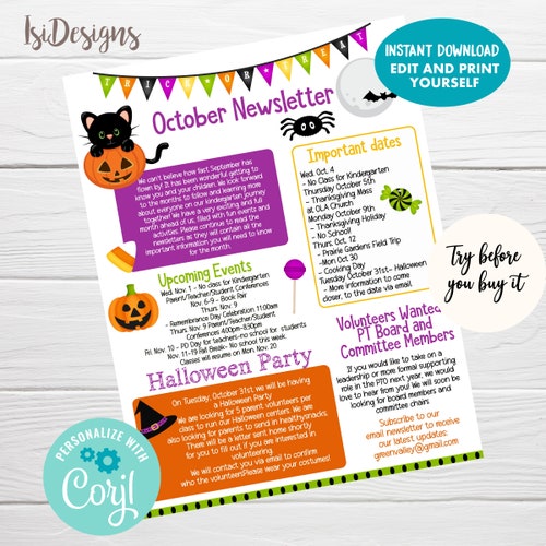 October PTO PTA Editable Newsletter October Flyer Template - Etsy
