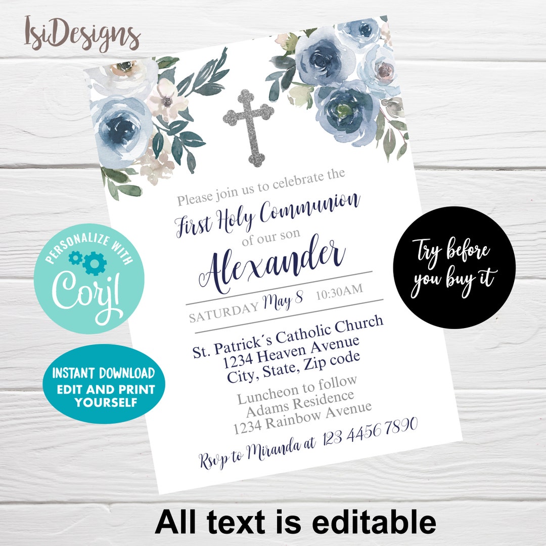 First Holy Communion Editable Invitation, Instant Download, Blue Floral ...