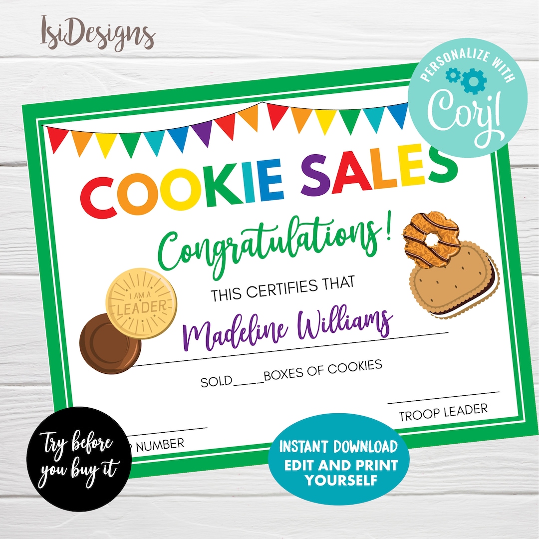 Editable Girl Cookie Sales Certificate, Instant Download, Participation ...