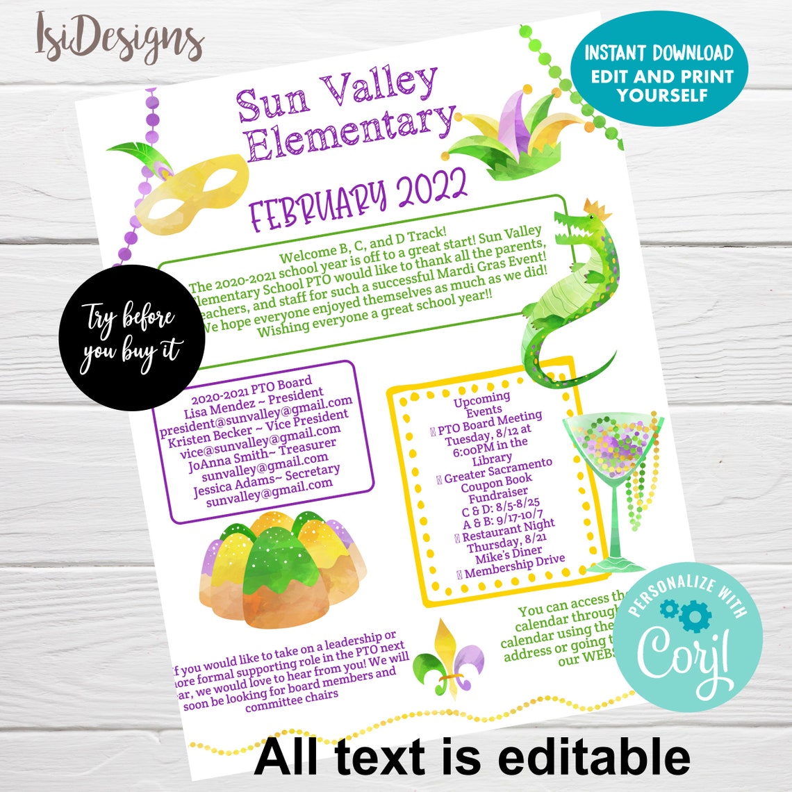 Mardi Gras Flyer Template Editable Newsletter PTO / PTA | Etsy
