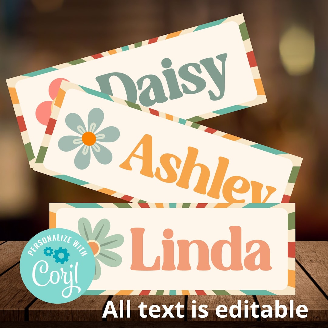 Retro Desk Name Labels, Editable Name Plates, Class Organizer, Retro ...