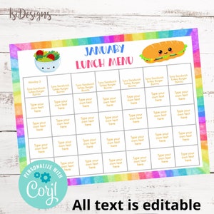 School Lunch Meal Planner, Editable Kids Lunch Menu, Monthly Kids Menu ...