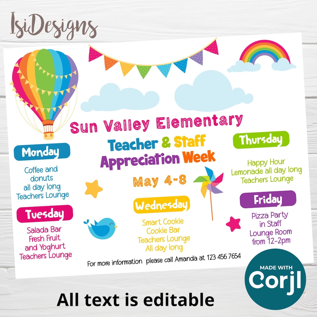 Editable Teacher Appreciation Week Calendar, Appreciation Week Schedule ...