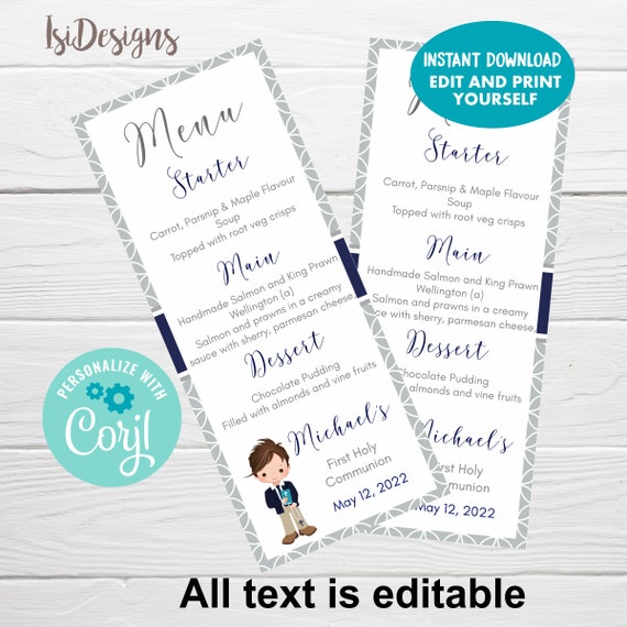 Holy Communion Menu Card, Instant Download, Dinner Template Card ...