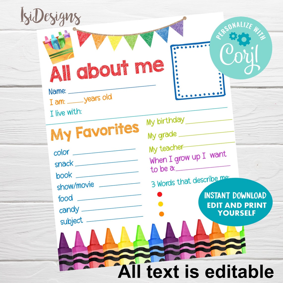 Back to School All About Me Editable Template, First Day of School ...