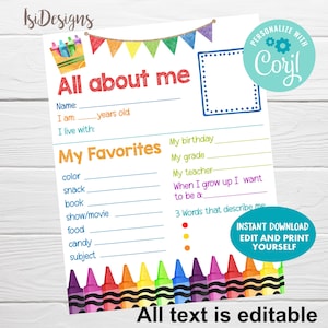 Back to School All About Me Editable Template, First Day of School ...