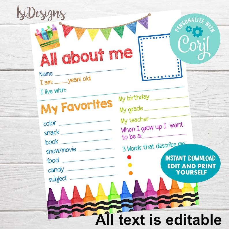 Back to School All About Me Editable Template First Day of - Etsy