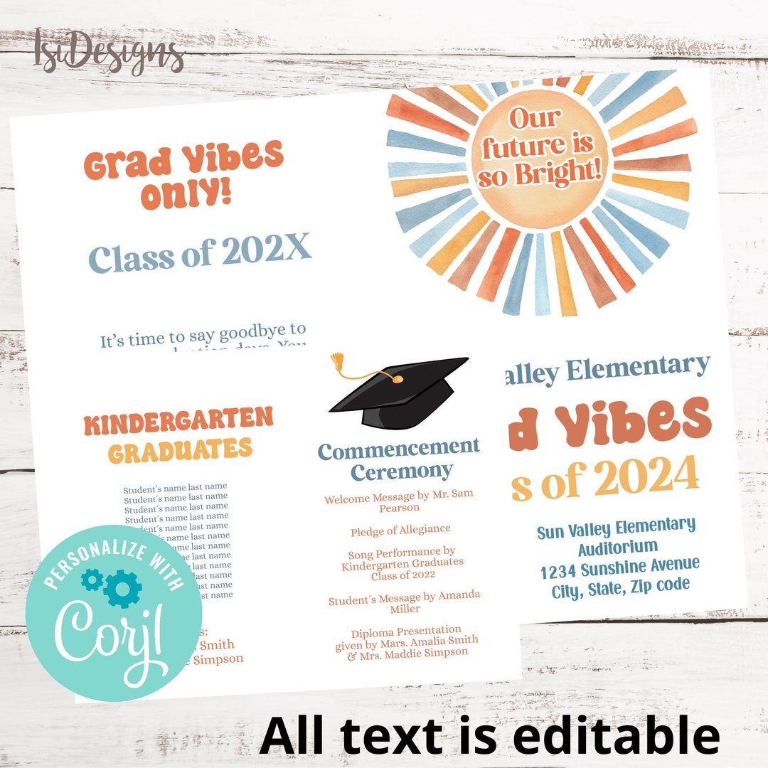 Graduation Ceremony Program, Editable Kindergarten Preschool Elementary ...