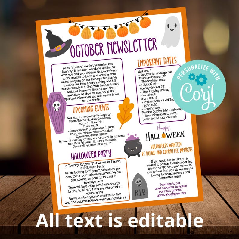 Editable School Newsletter, October Newsletter, October Calendar, Fall ...