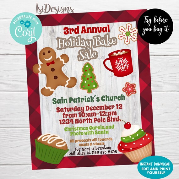 Holiday Bake Sale Editable Flyer Instant Download Printable | Etsy