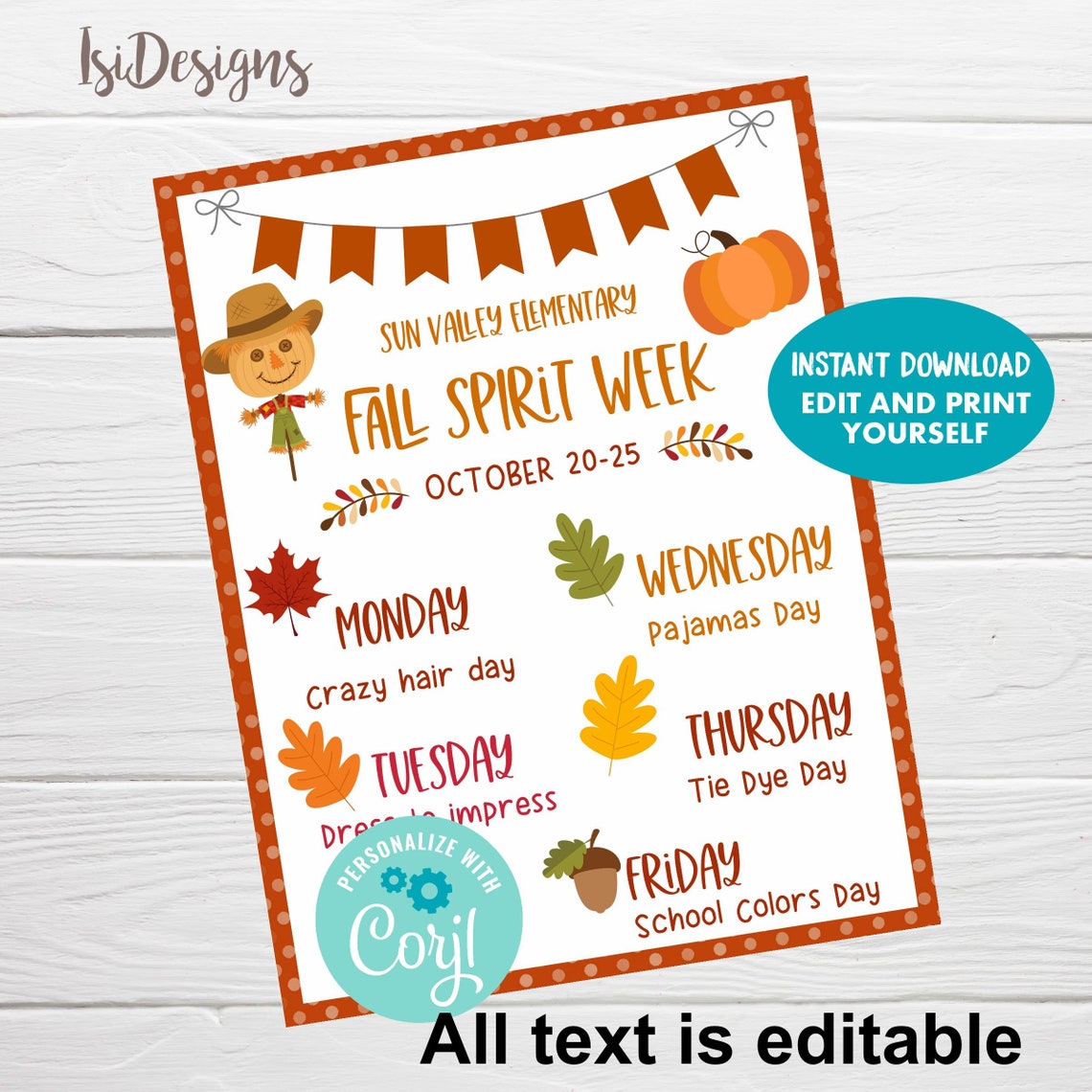 Fall Spirit Week Planner Editable Week Schedule Event Flyer - Etsy