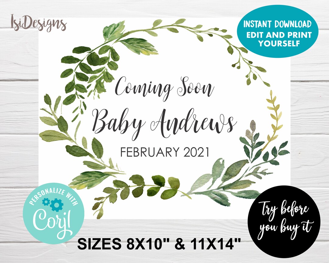 Greenery Baby Coming Soon Pregnancy Announcement Sign, EDITABLE Baby ...