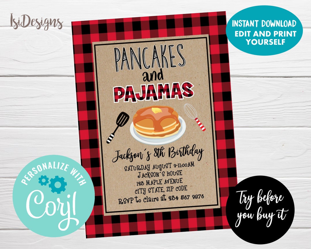 Pancakes and Pajamas Editable Invitation, Instant Download, Red Buffalo ...
