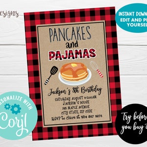 Pancakes and Pajamas Editable Invitation, Instant Download, Red Buffalo ...