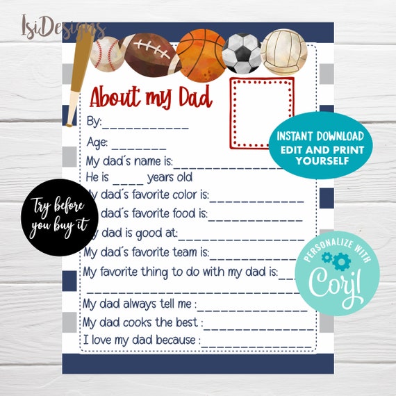Father's Day Card, Editable about my Dad Questionnaire, Instant ...