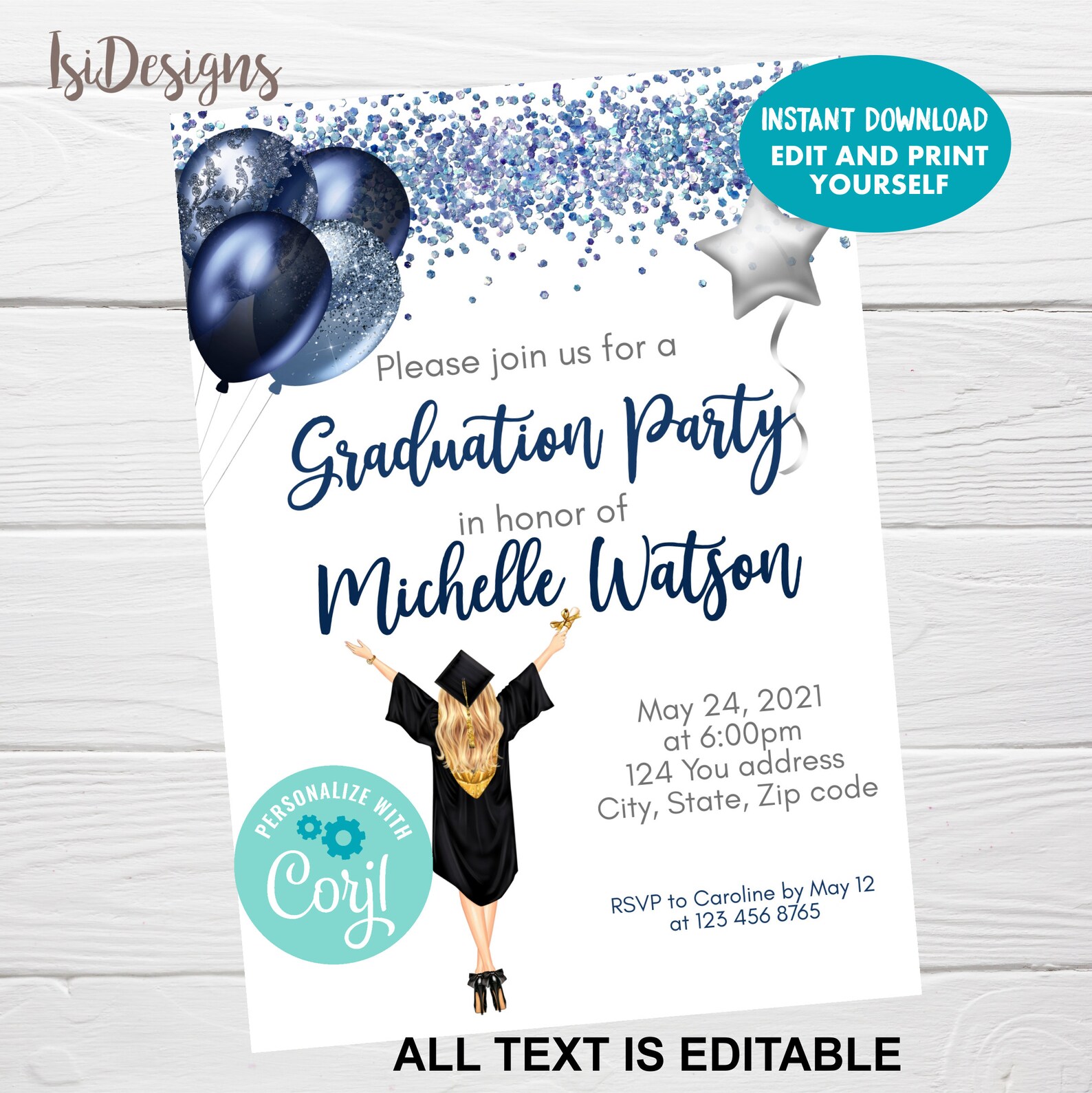 Graduation Invitation, Navy and Silver Graduation Announce, Editable ...