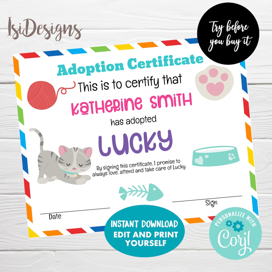 Kitten Certificate of Adoption, Editable Pet Adoption Template, Cat ...