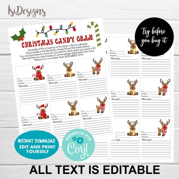 Christmas Candy Gram Editable Template PTO / PTA School - Etsy