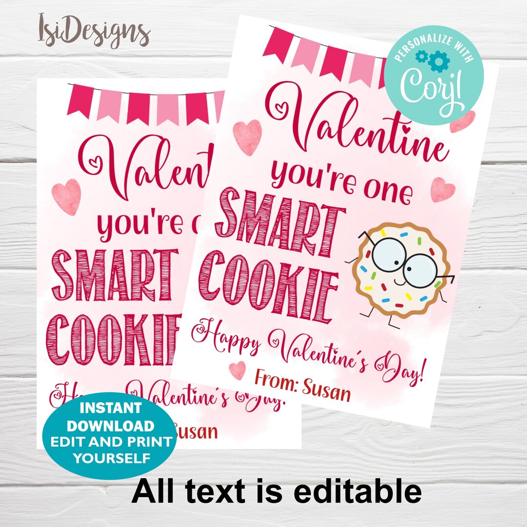 Smart Cookie Valentine Editable Tag, Valentine's Day Cookie Gift Tag ...