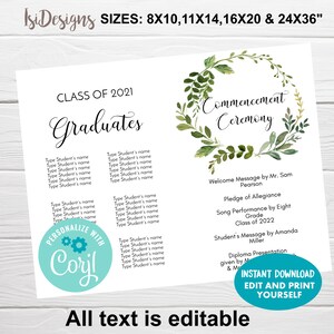 Commencement College Graduation, Greenery Graduation Program, Editable ...