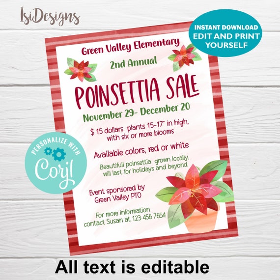 Poinsettia Sale Flyer Editable Template Holiday Fundraiser - Etsy