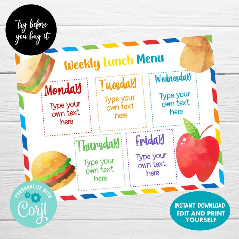 Editable Kids Lunch Planner Meal Weekly Planner Lunch Menu - Etsy