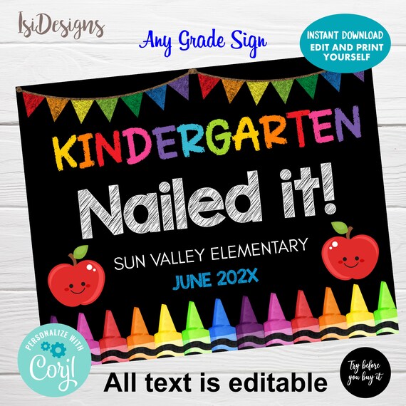 Chalkboard Kindergarten Graduation Photo Prop, Editable Kindergarten ...