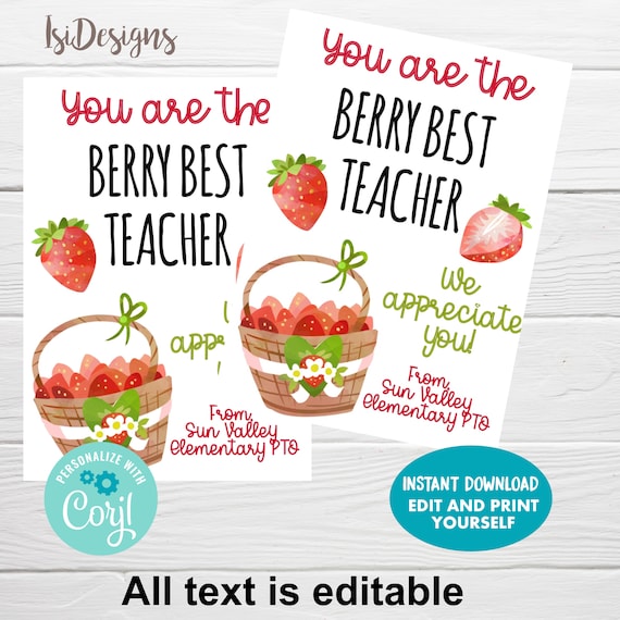 You are The Berry Best Teacher Tag, Instant Download, Editable Teacher ...