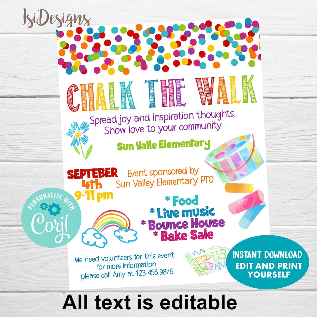 Chalk the Walk Flyer, Editable Back to School Fundraiser Event, Instant ...