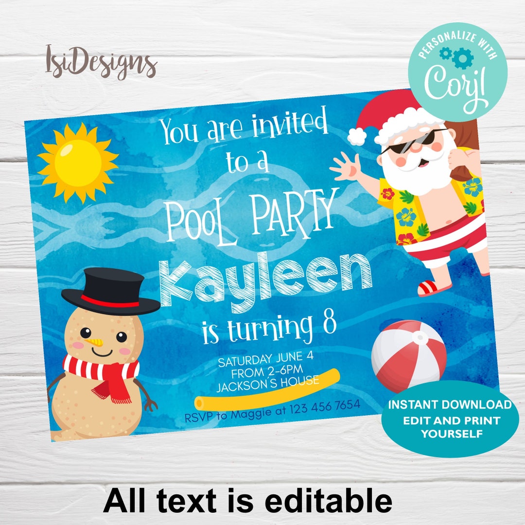 Christmas in Summer Pool Party Invitation, Santa Pool Birthday Invite ...