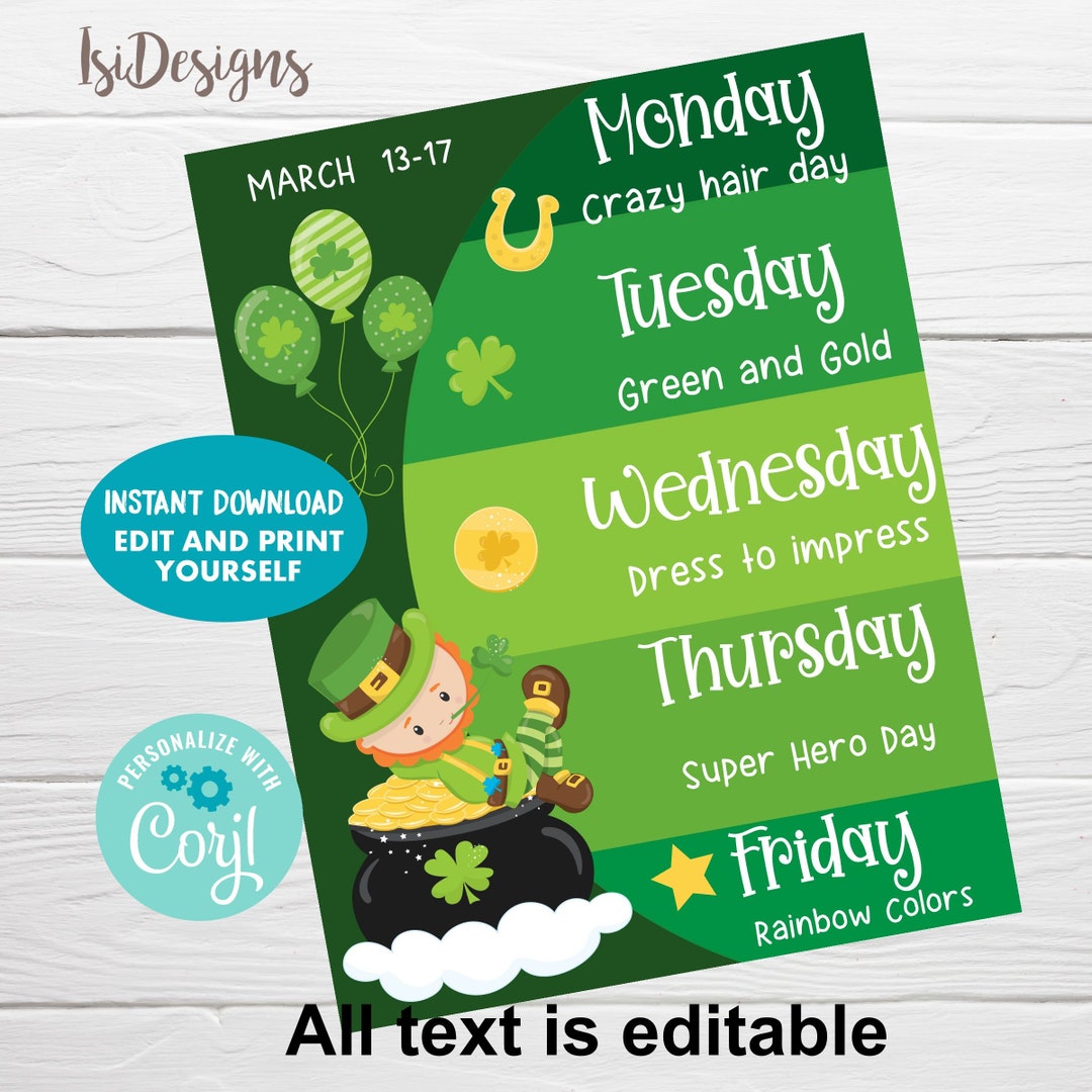 St Patrick's Day Spirit Week Editable Itinerary Schedule, March Daily ...