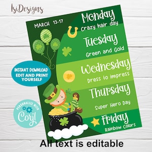 St Patrick's Day Spirit Week Editable Itinerary Schedule, March Daily ...