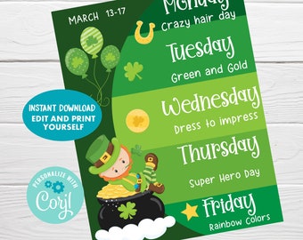 St. Patrick's Day School Spirit Week Itinerary Schedule - Etsy