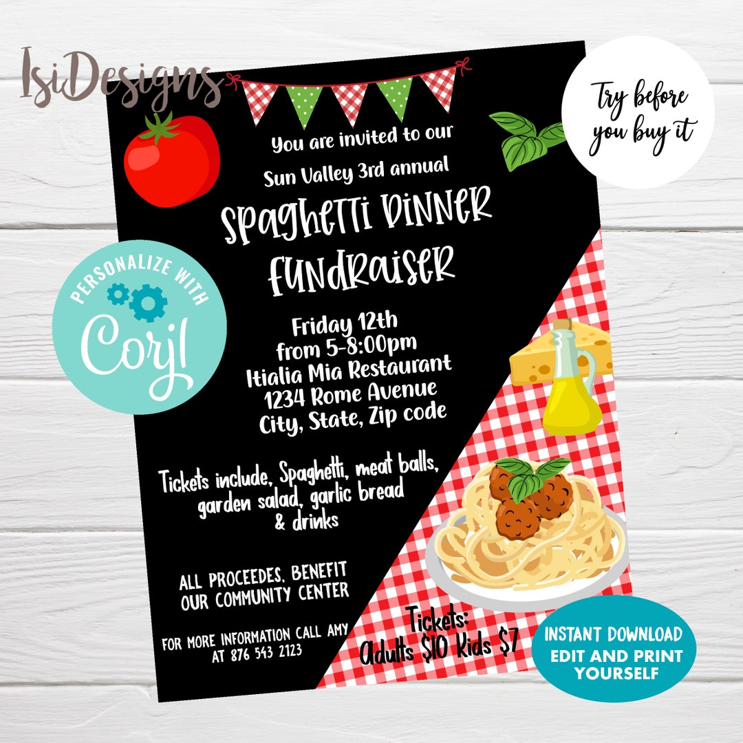 Spaghetti Dinner Fundraiser Editable Flyer, Instant Download, Italian ...