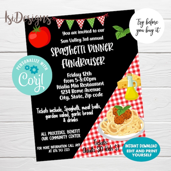 Spaghetti Dinner Fundraiser Editable Flyer, Instant Download, Italian ...