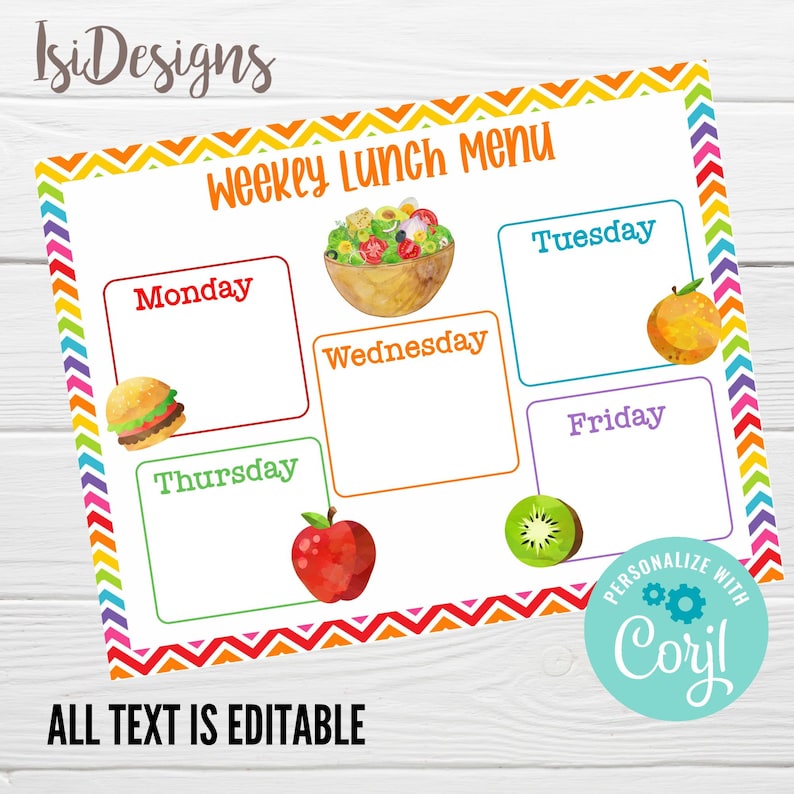 Kids Lunchbox Printable, Weekly Menu Planner, Editable Lunch Menu ...