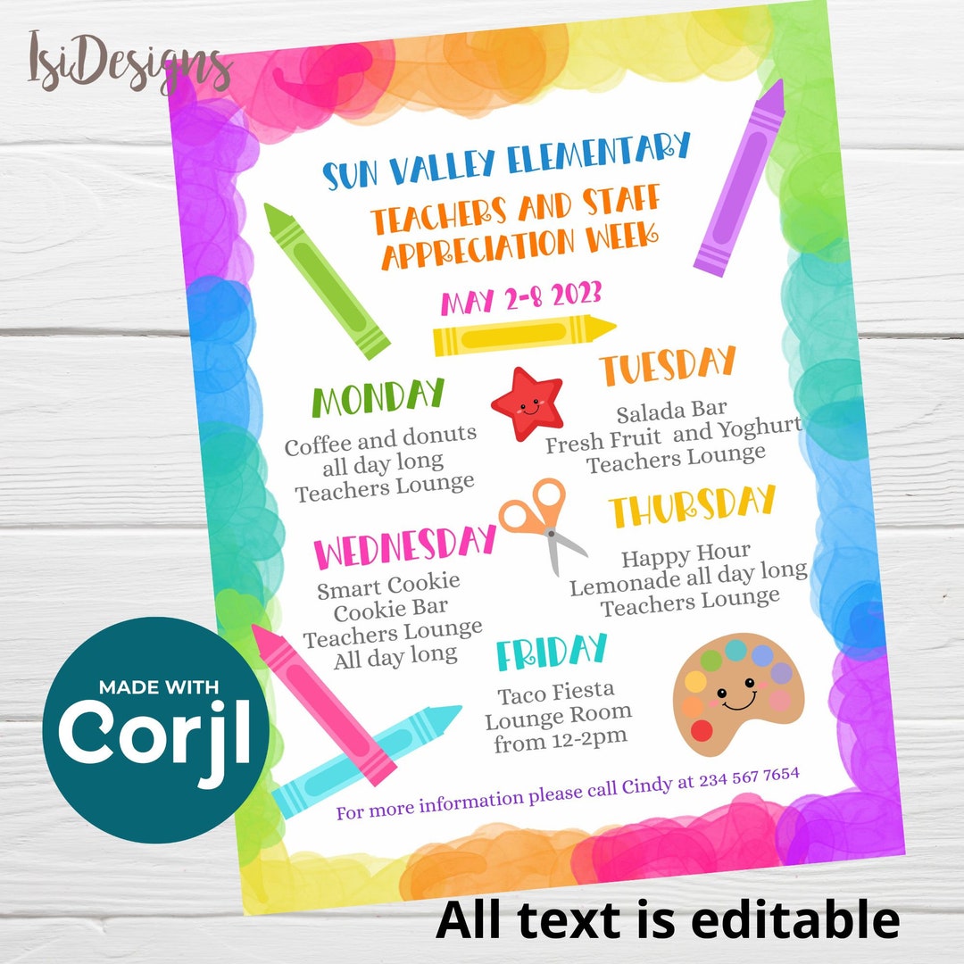 Teacher Appreciation Week, Colorful Editable Itinerary Poster ...