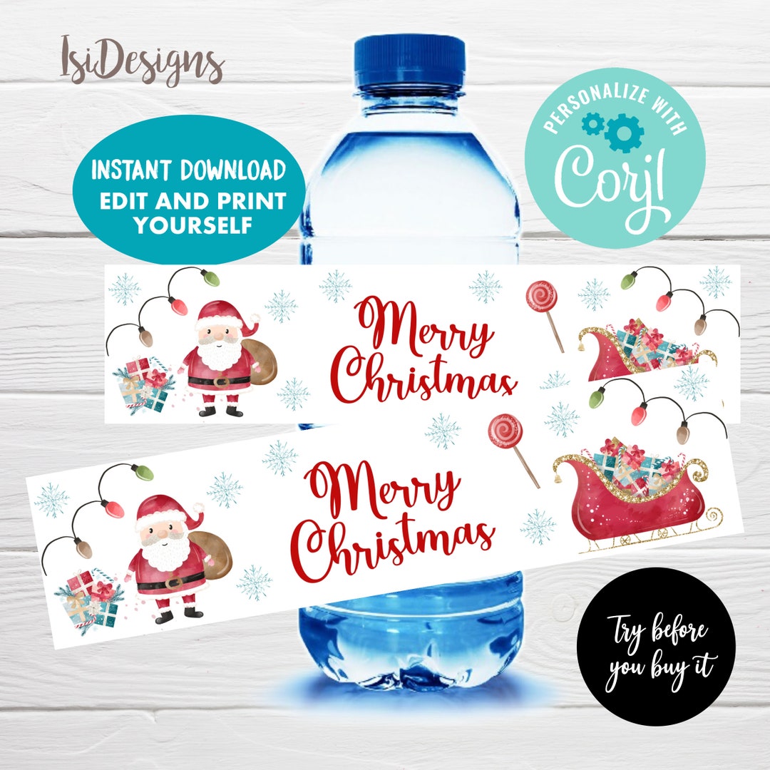 Christmas Water Bottle Labels, Instant Download, Editable Holiday ...