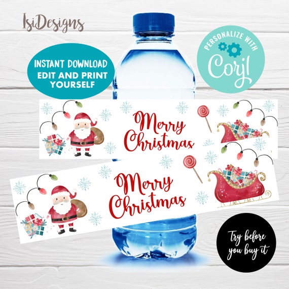 Christmas water bottle labels, Instant Download, editable holiday ...